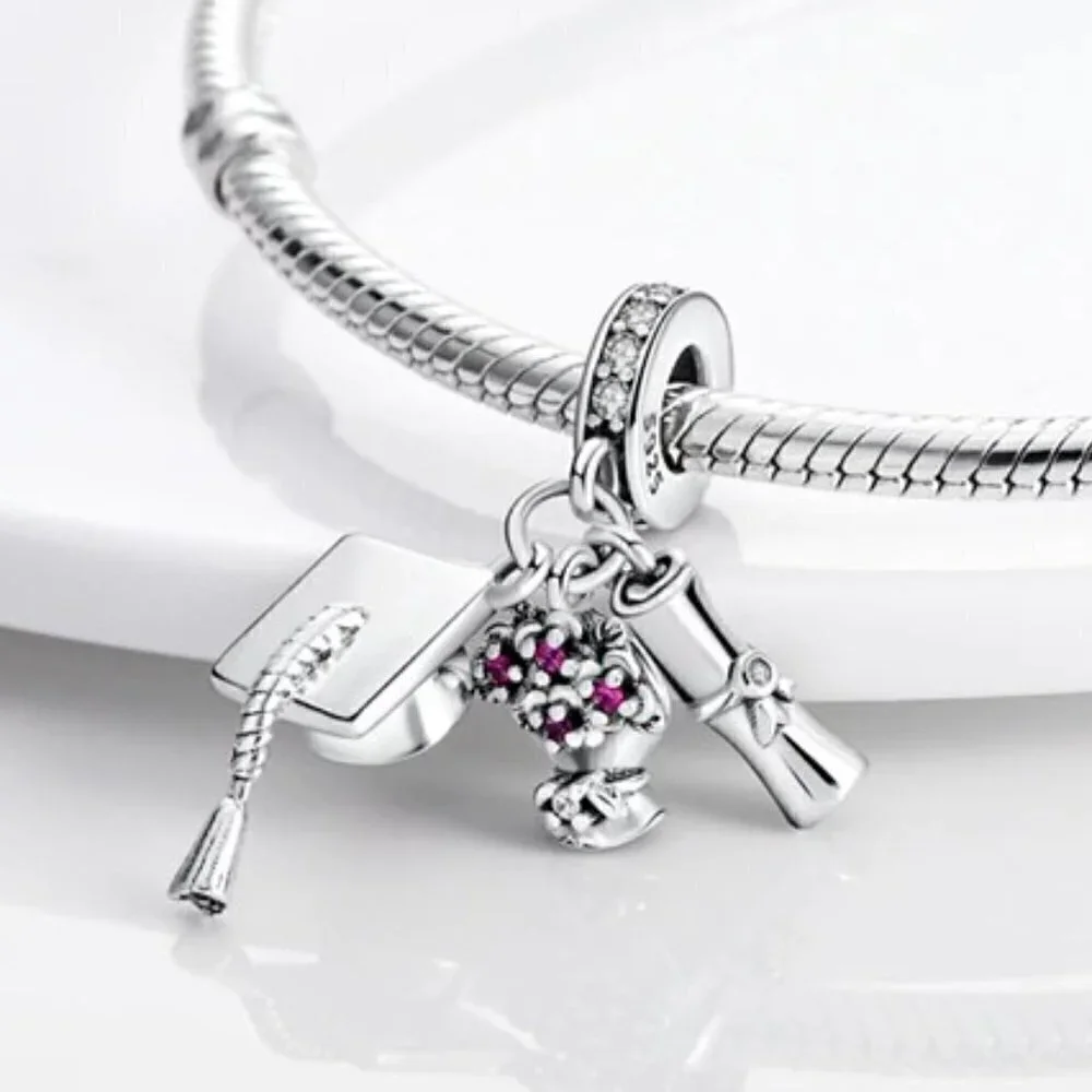 Jewelry | Sterling Silver Graduation Cap Diploma Flower Dangle Charm ...